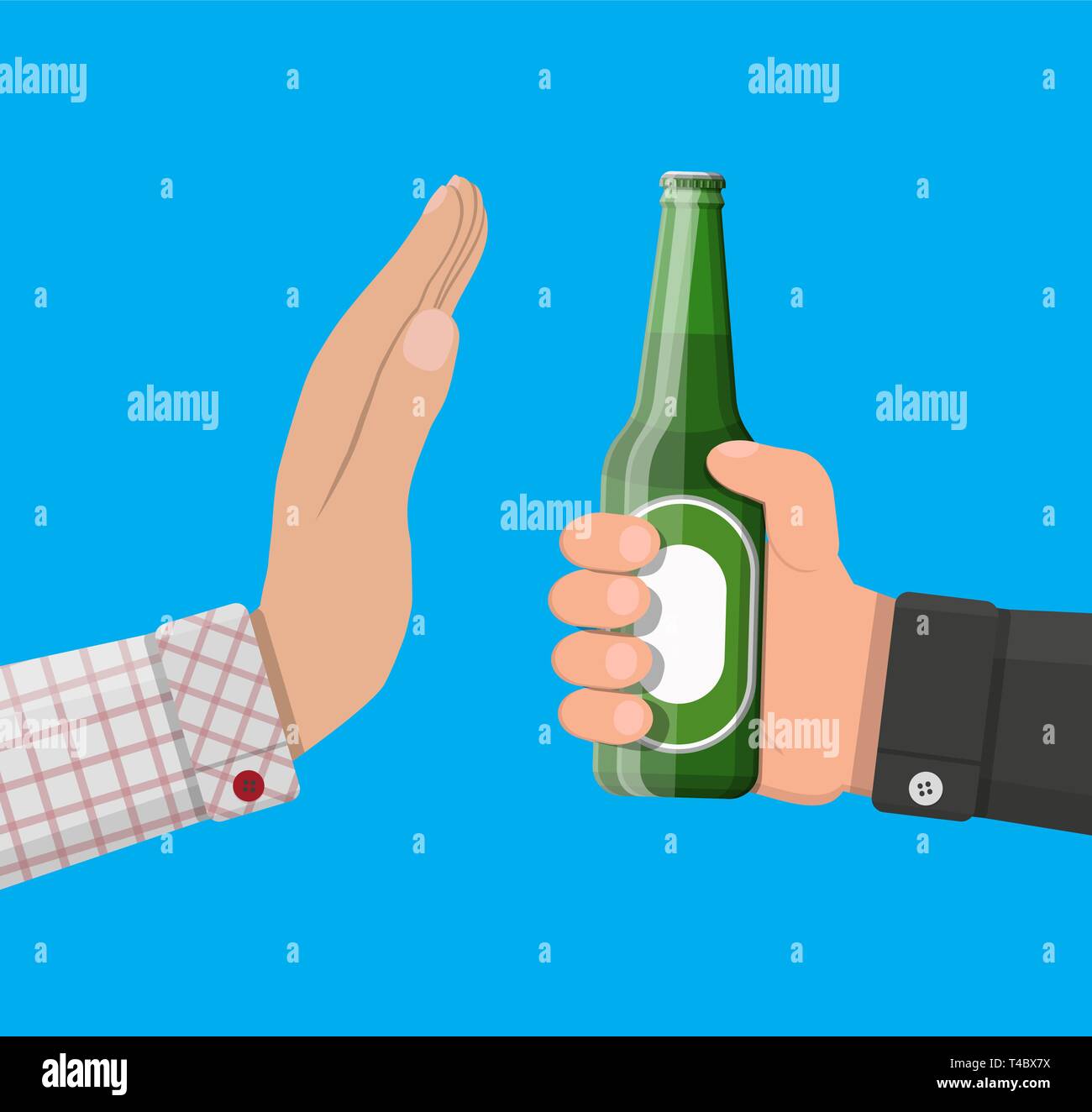 Alcohol abuse concept. Hand gives bottle of beer to other hand. Stop ...