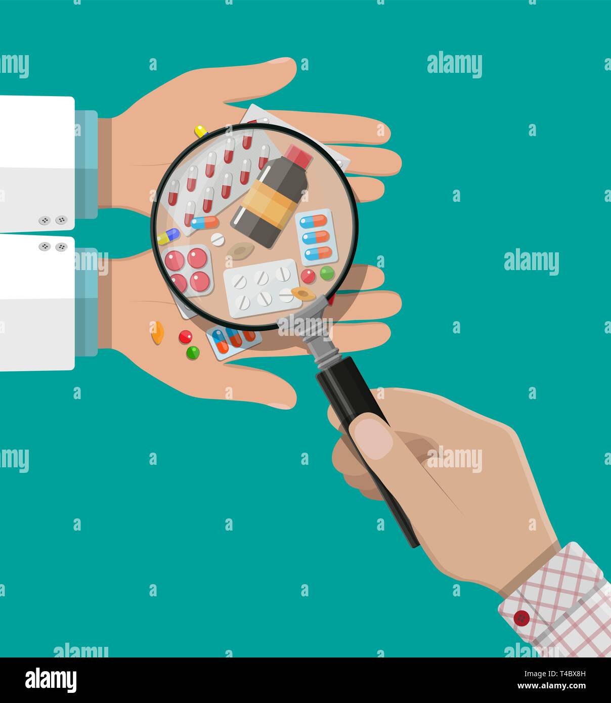 Hand of the pharmacist with pills and drugs and hand with magnifying ...