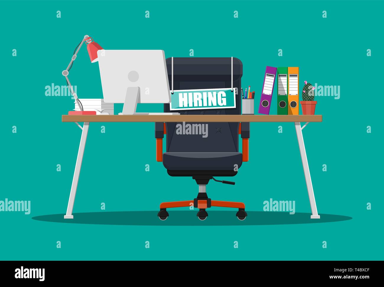 Office chair, sign vacancy. Table with office items. Hiring and ...