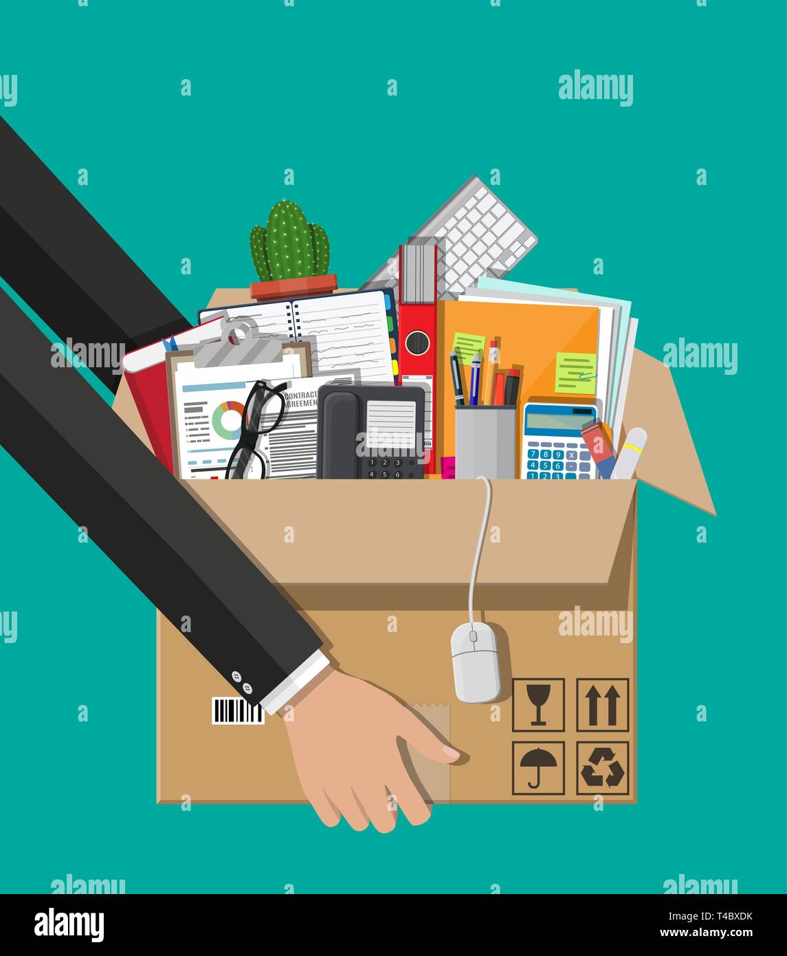 Moving to new office. Cardboard box in hand with folder, document paper ...