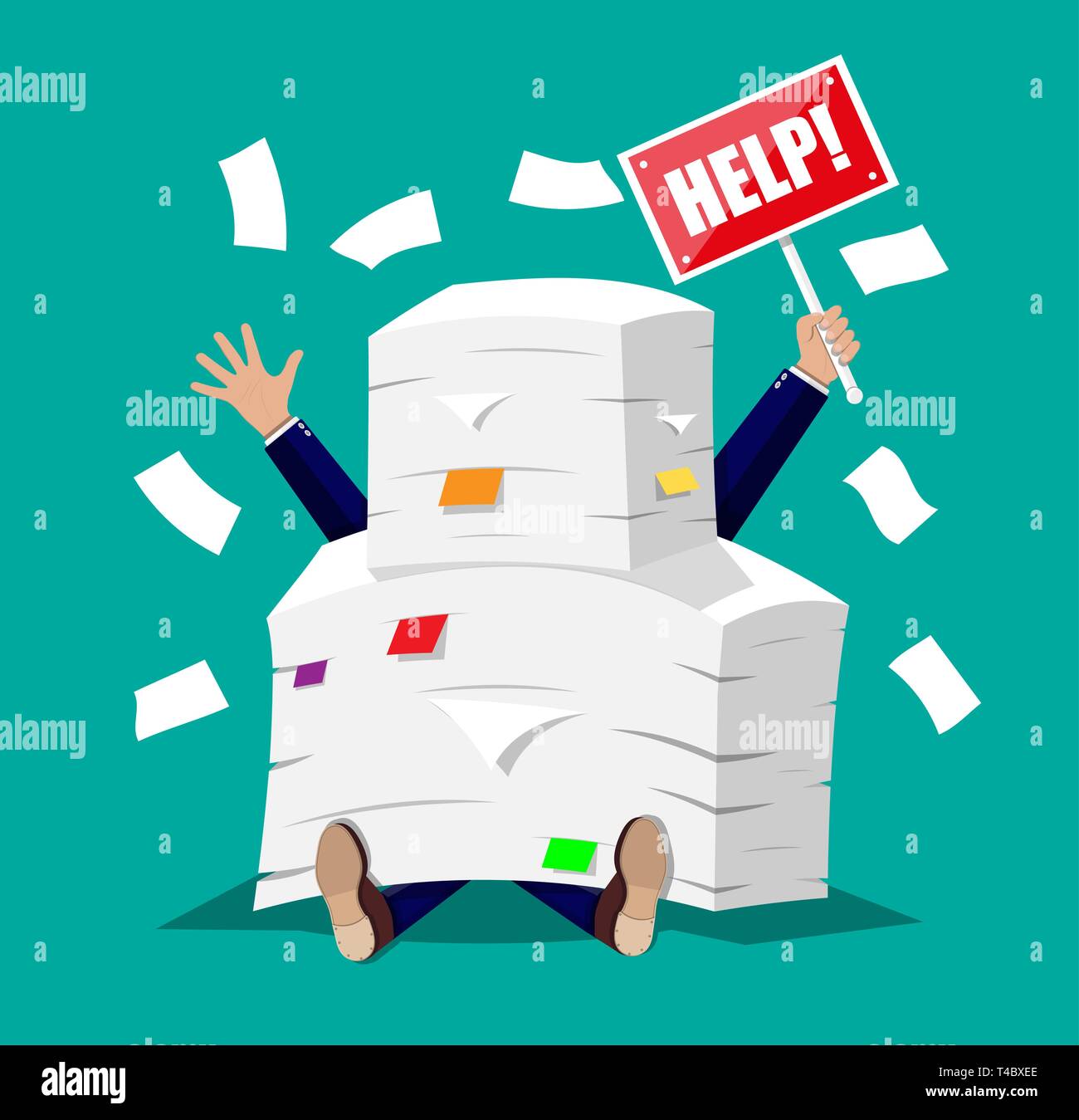 Stressed businessman under pile of office papers and documents with ...