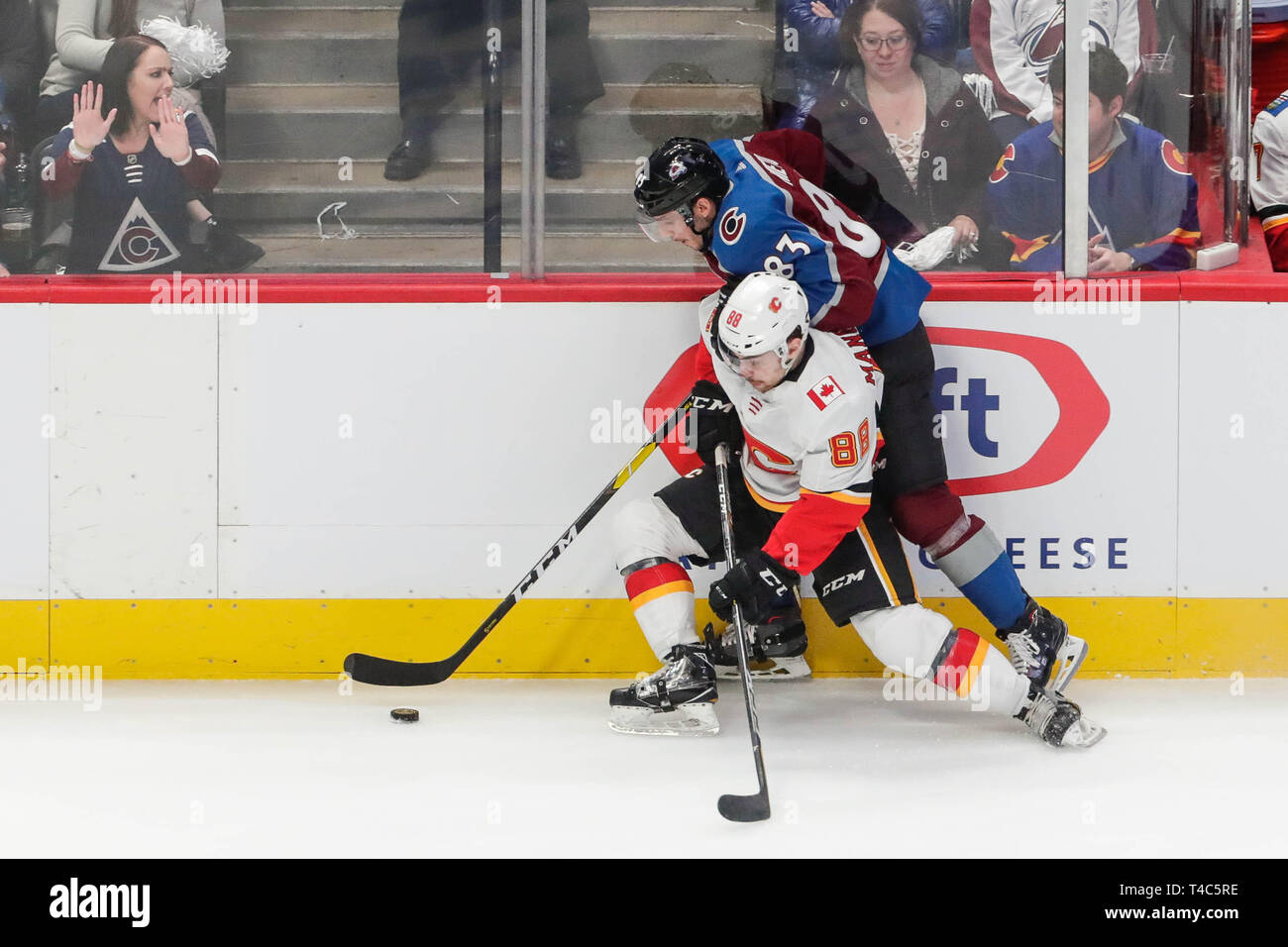 Denver, Colorado, USA. 15th Apr, 2019. Calgary Flames left wing Andrew ...