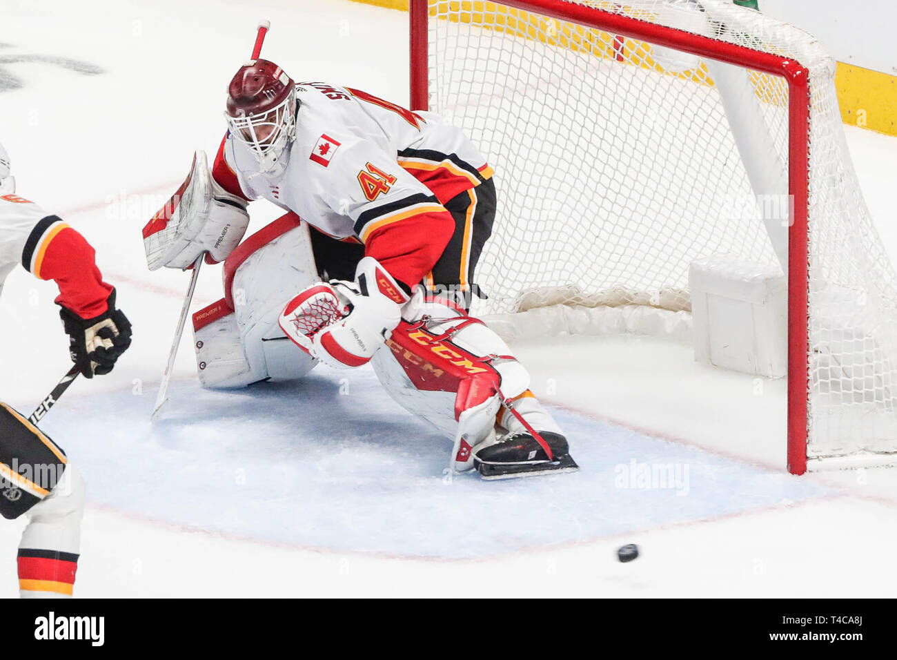 Denver, Colorado, USA. 15th Apr, 2019. Calgary Flames goaltender Mike ...
