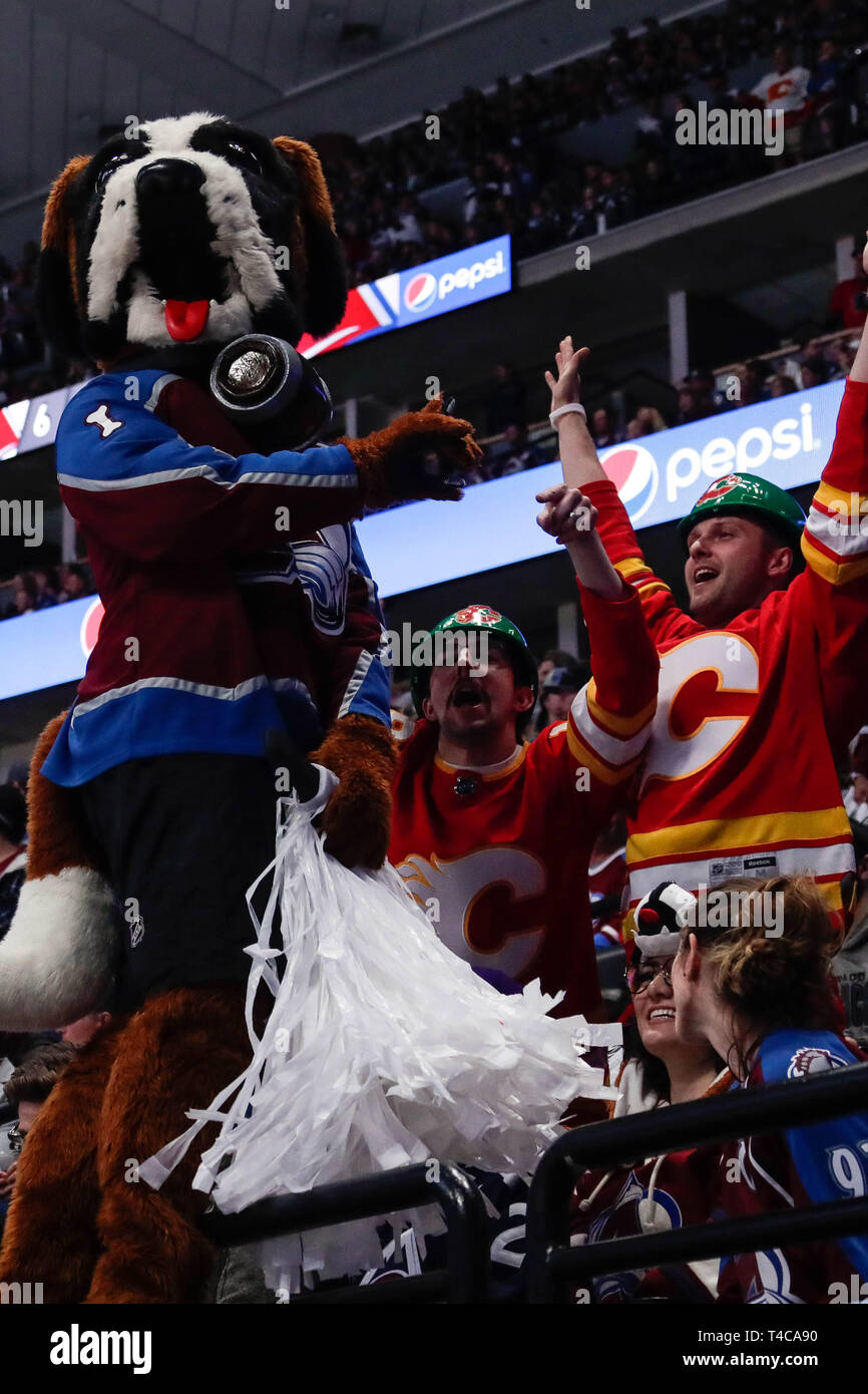 Denver, Colorado, USA. 15th Apr, 2019. Avalanche mascot, Bernie, and ...
