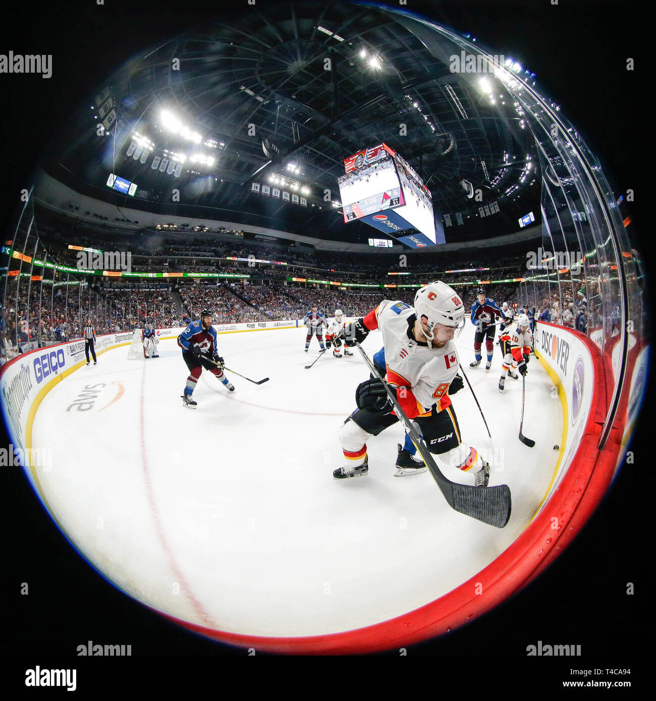 Denver, Colorado, USA. 15th Apr, 2019. Calgary Flames left wing Andrew ...