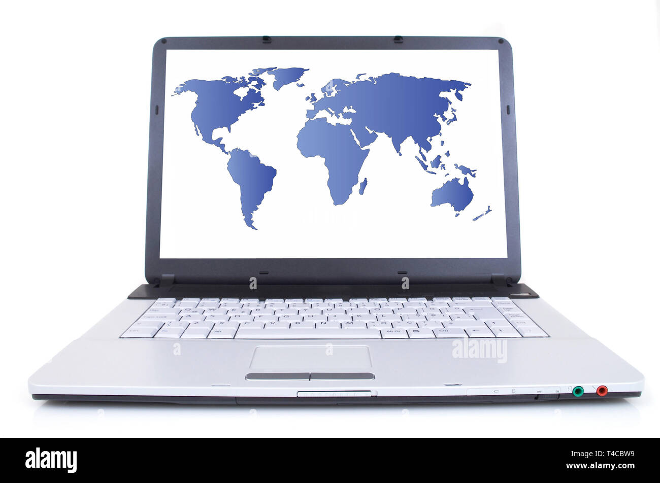 high tech laptop with world map on screen, shot with wide angle lens ...