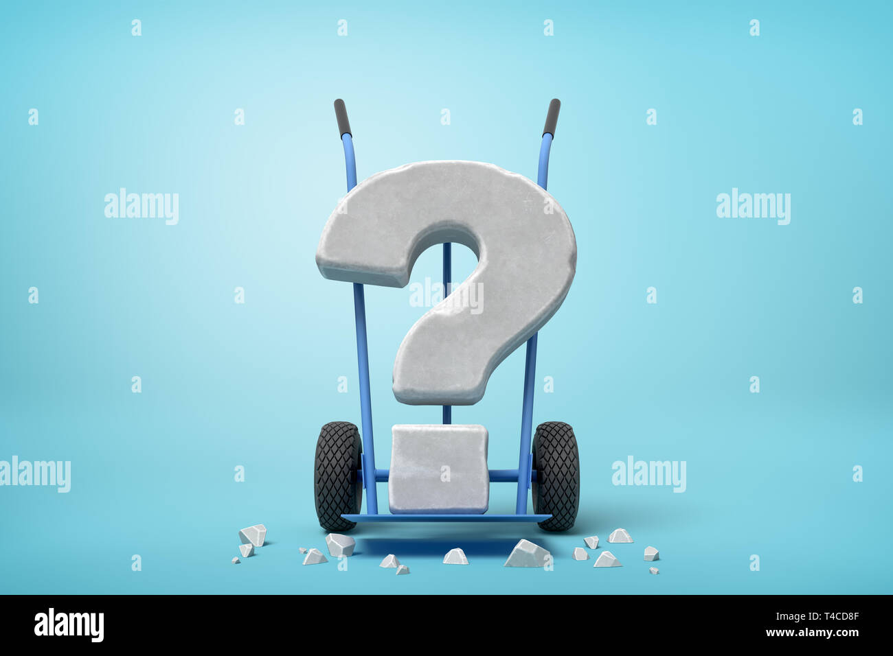 3d rendering of large stone question mark on blue hand truck with big ...