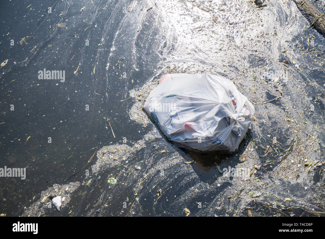 Plastic waste polluting into nature. rubbish bag floating on water ...