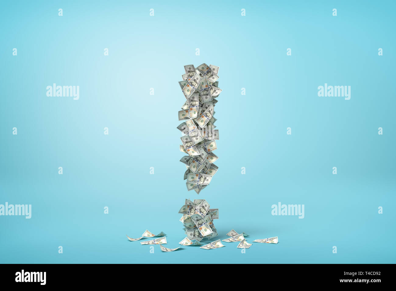 3d rendering of exclamation mark made up of dollar banknotes on blue ...