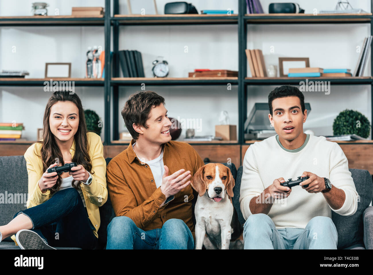 Three multiethnic friends with beagle dog holding joysticks and playing ...