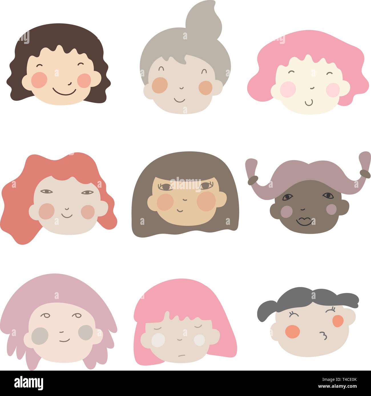 Different ethnic nationality affiliation woman head face vector icons ...