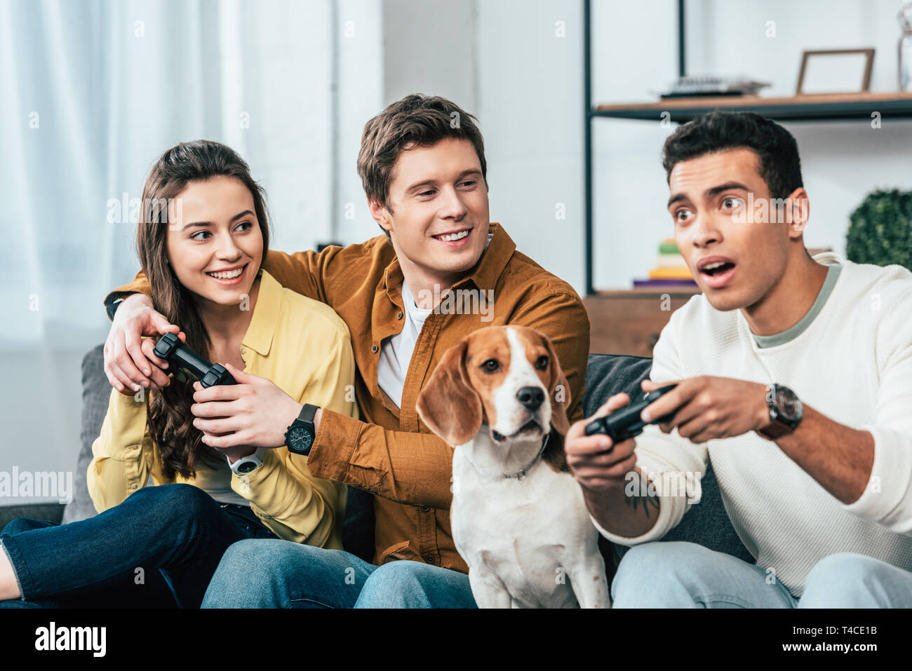 Three multiethnic friends with beagle dog holding joysticks and playing ...