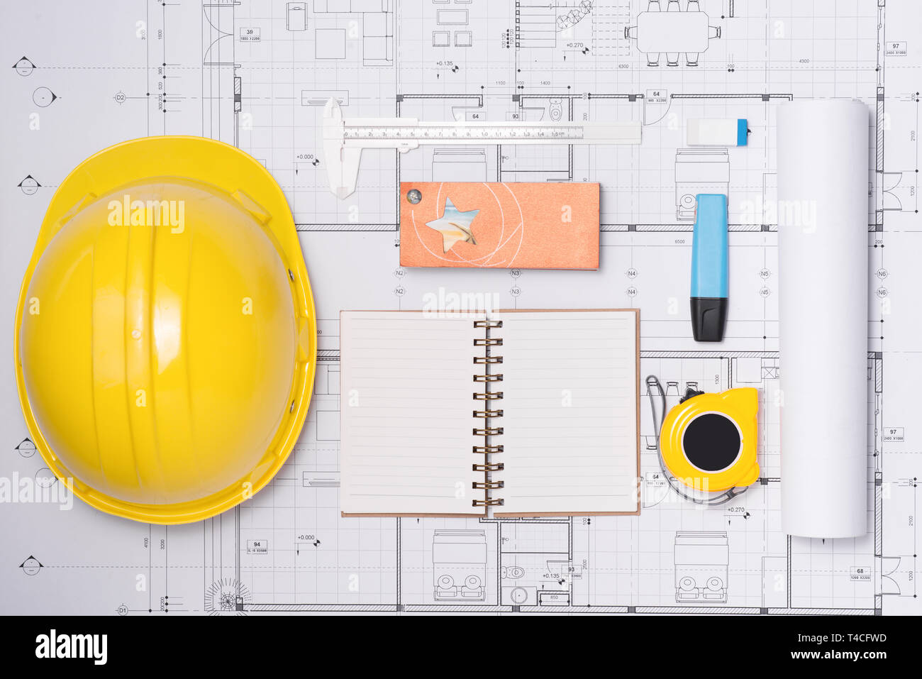 Construction plans with helmet and drawing tools on blueprints Stock ...