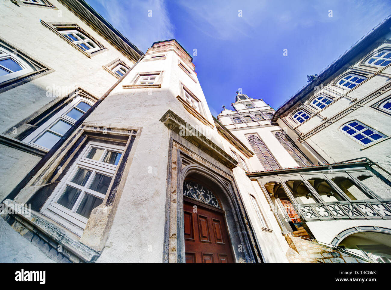Facade of a castle, close-up view with ultra-wide-angle perspective ...