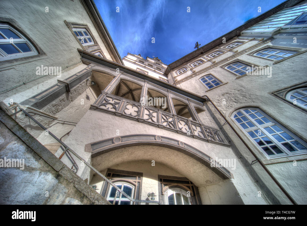 Facade of a castle, close-up view with ultra-wide-angle perspective ...