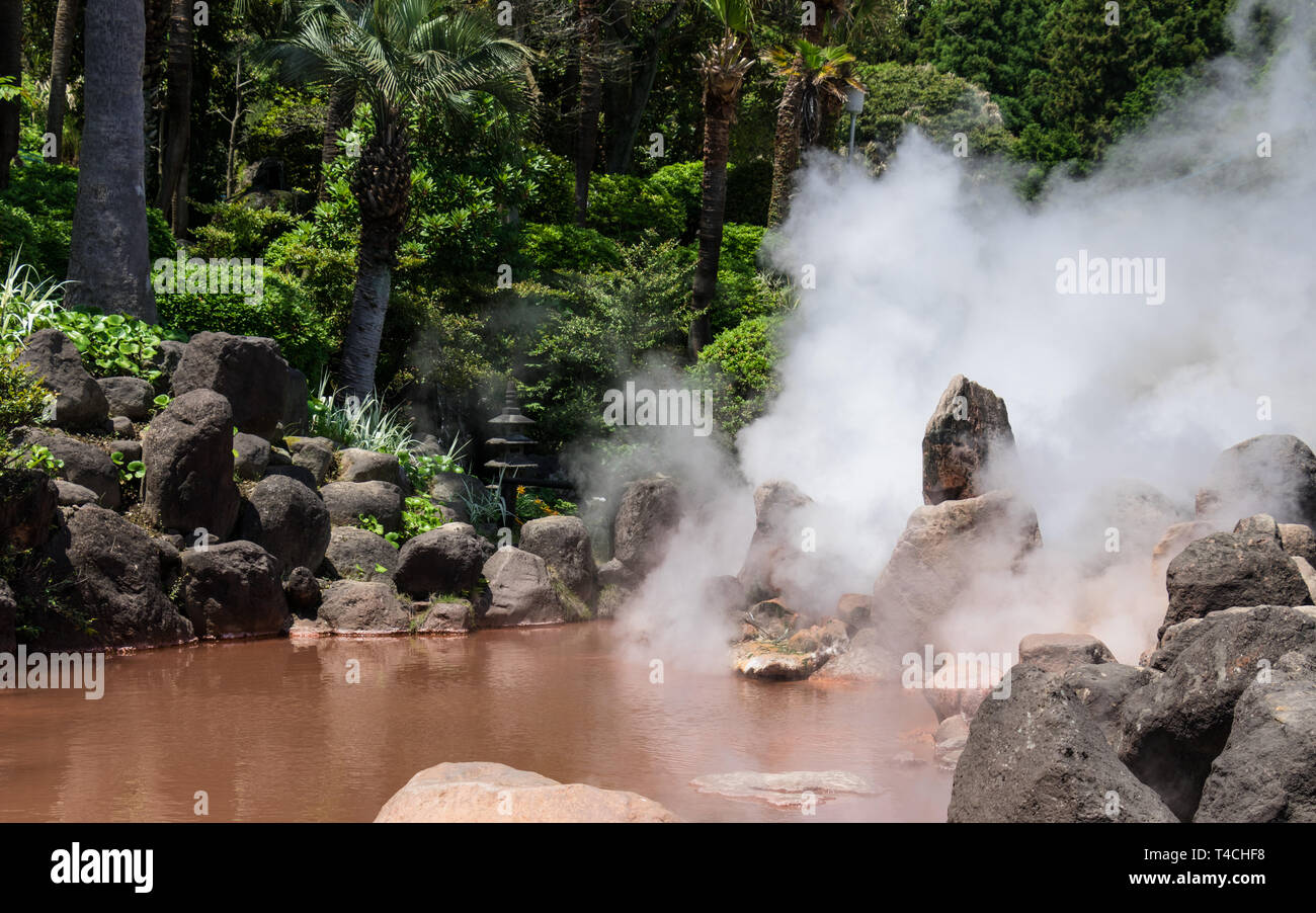 Panorama of famous geothermal hot springs, called Jigoku Meguri, engl ...