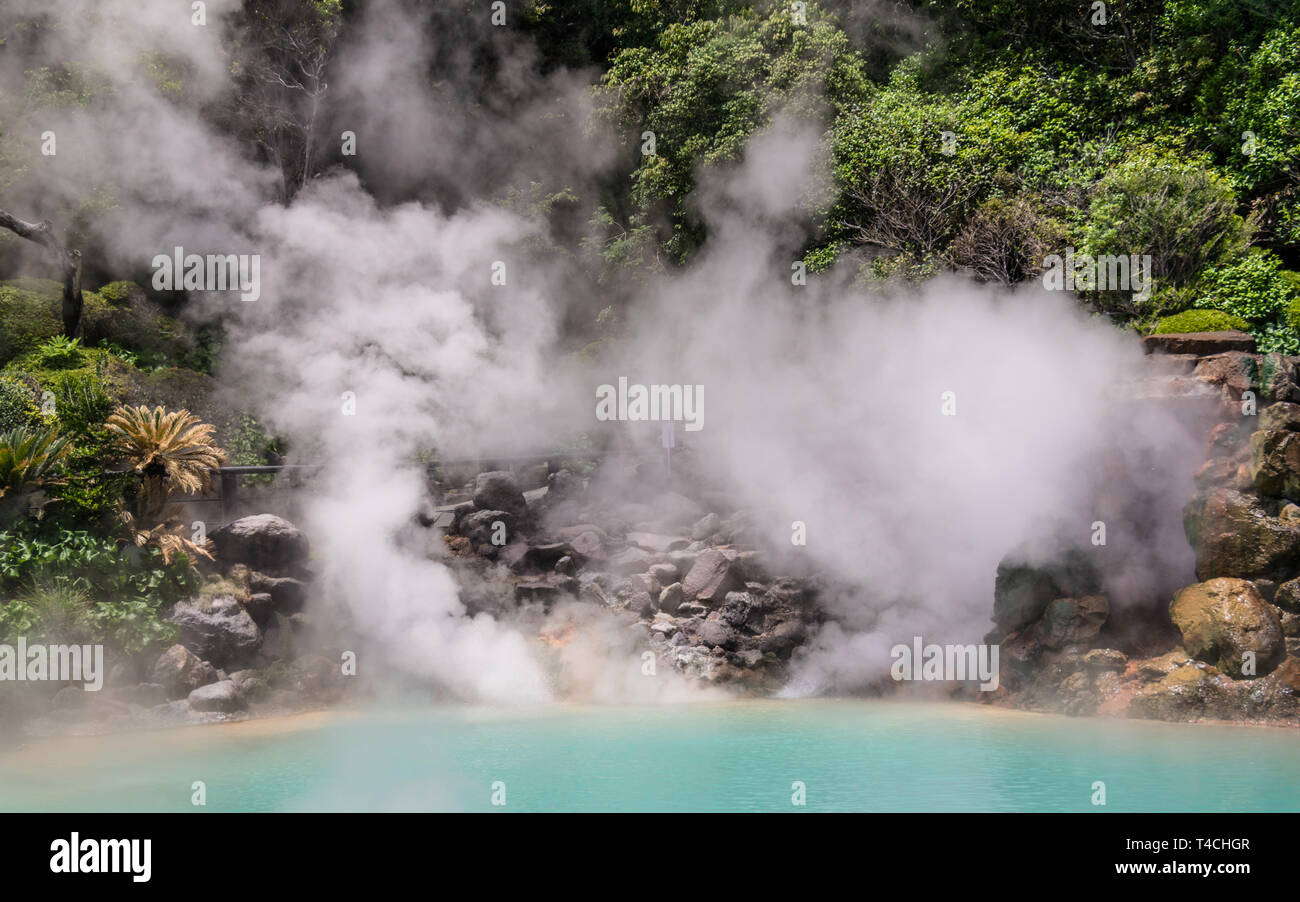 Detail view on famous geothermal hot springs, called Umi Jigoku, engl ...