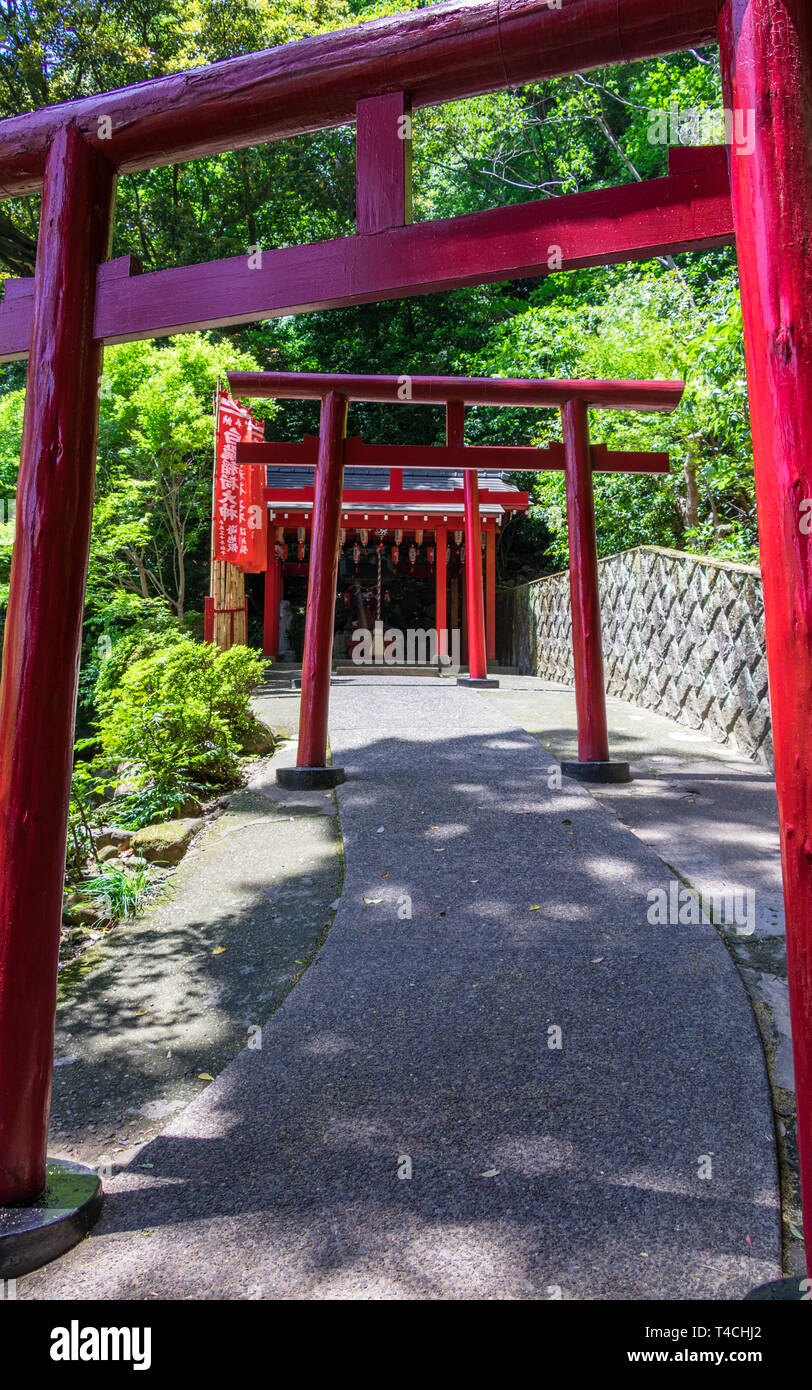 Row of traditional red Torii with entrance path to japanese Jigoku ...