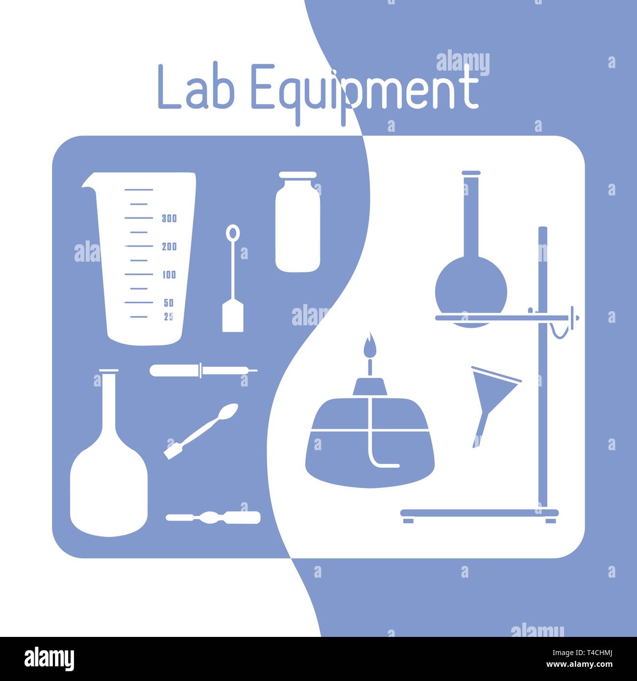 Vector science illustration with flasks, equipment stand, burner, tools ...