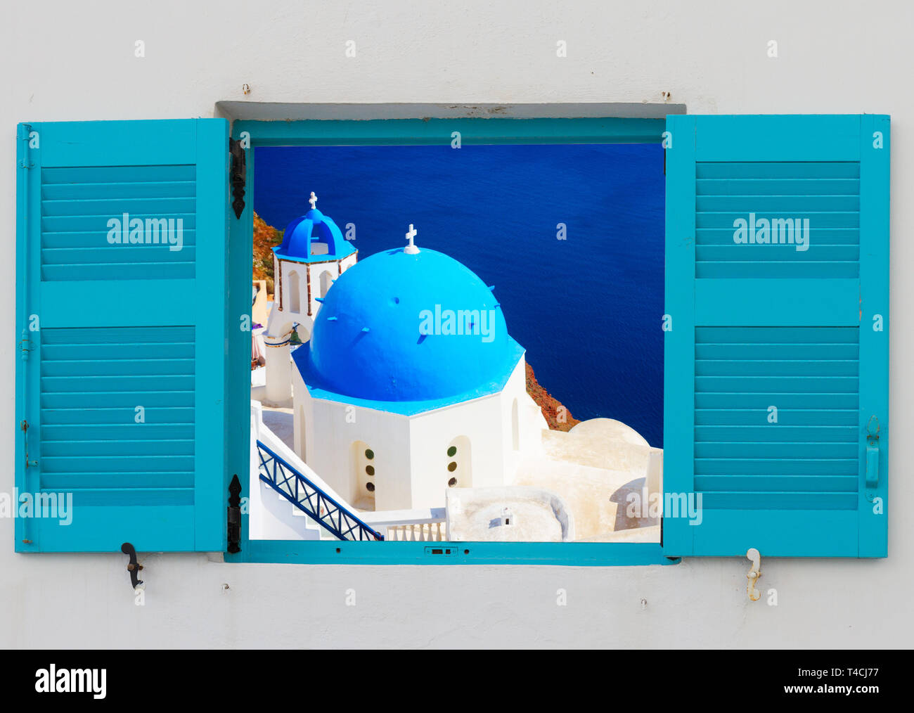 window with view of caldera and church, Santorini Stock Photo - Alamy