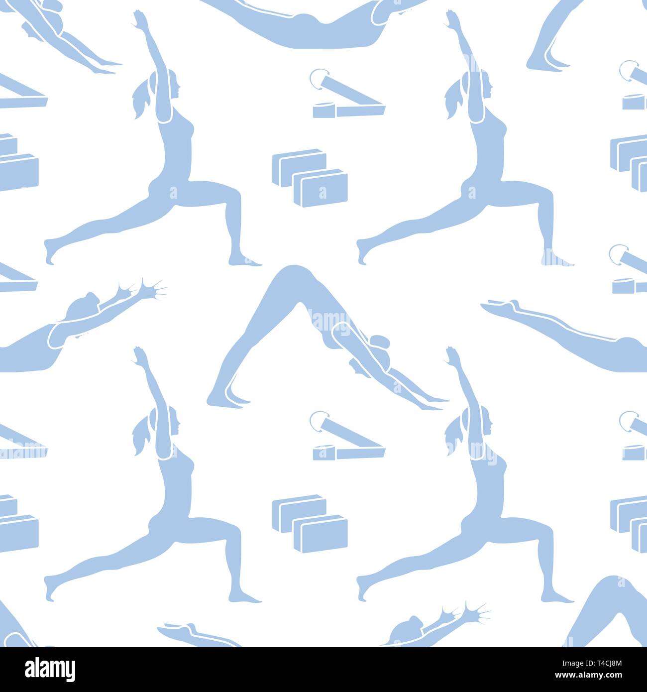 Seamless pattern with women in yoga poses, blocks, belt for yoga. Relax ...