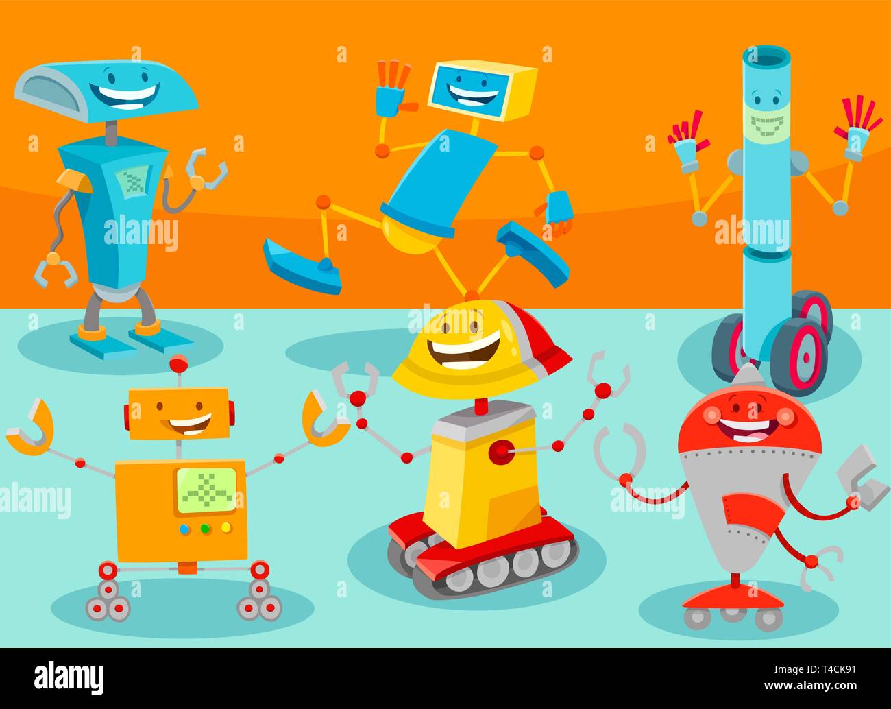 Cartoon Illustration of Happy Robots or Droids Fantasy or Science ...