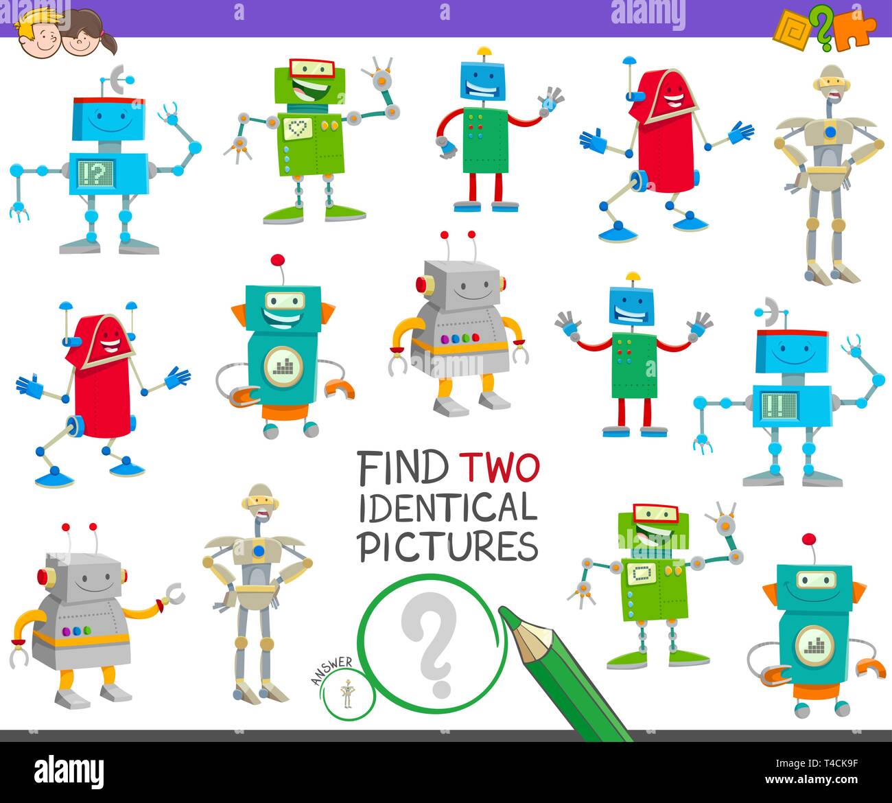 Cartoon Illustration of Finding Two Identical Pictures Educational Game ...