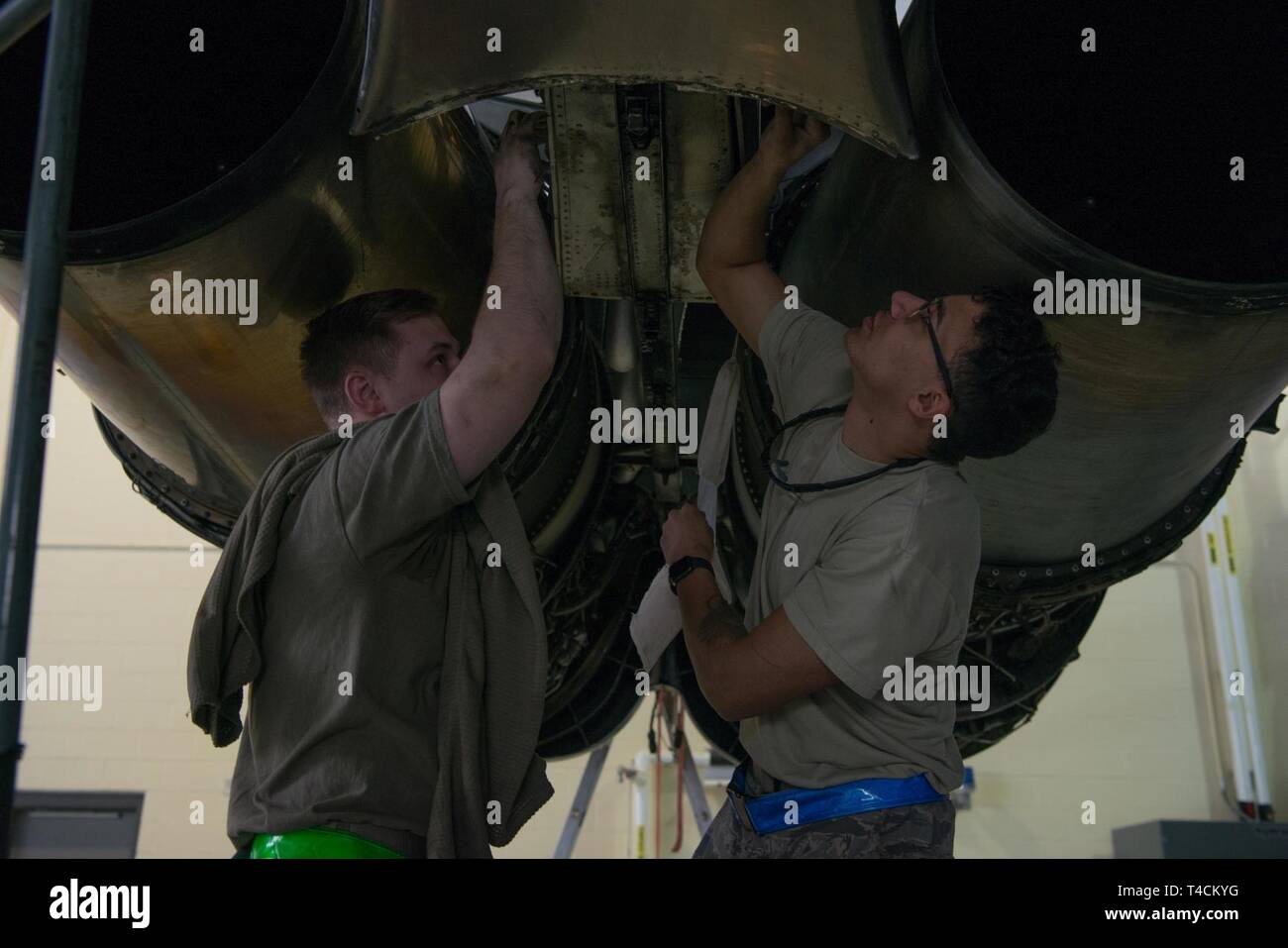 From left, Staff Sgt. Shane Vandevelde and Senior Airman Pfeenix Tramill, 5th Maintenance ...