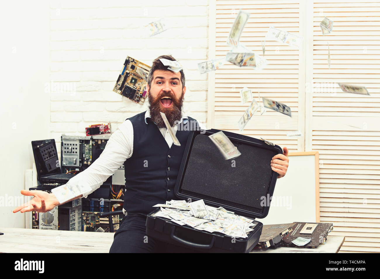 Getting cash rich. Bearded man throwing cash money. Bearded businessman ...