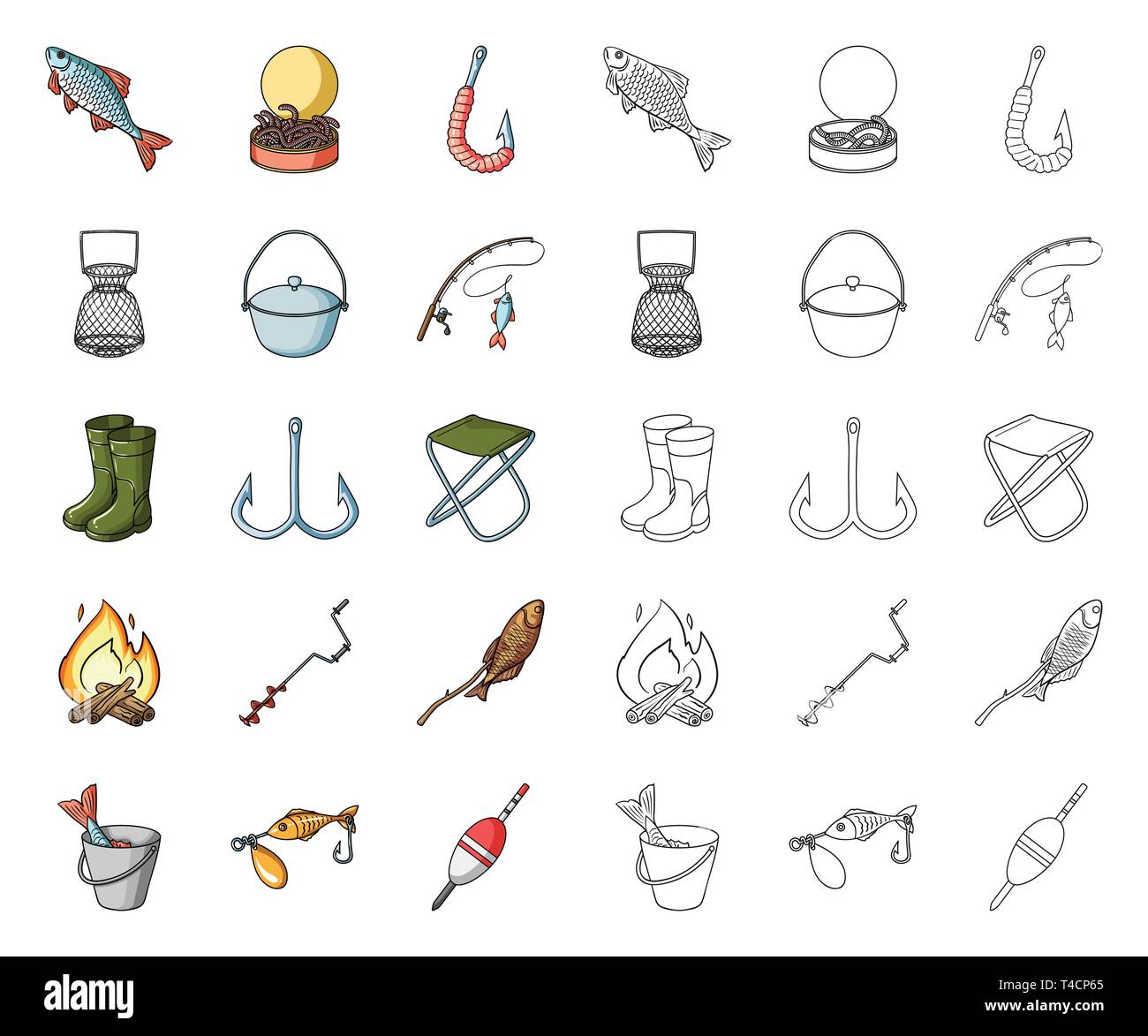 art,bait,boots,bucket,campfire,camping,cartoon,outline,catch,collection ...
