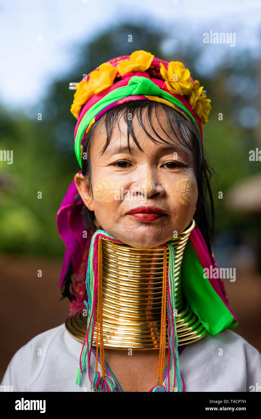 Padaung long-necked woman with brass neck rings, portrait, hill tribes ...