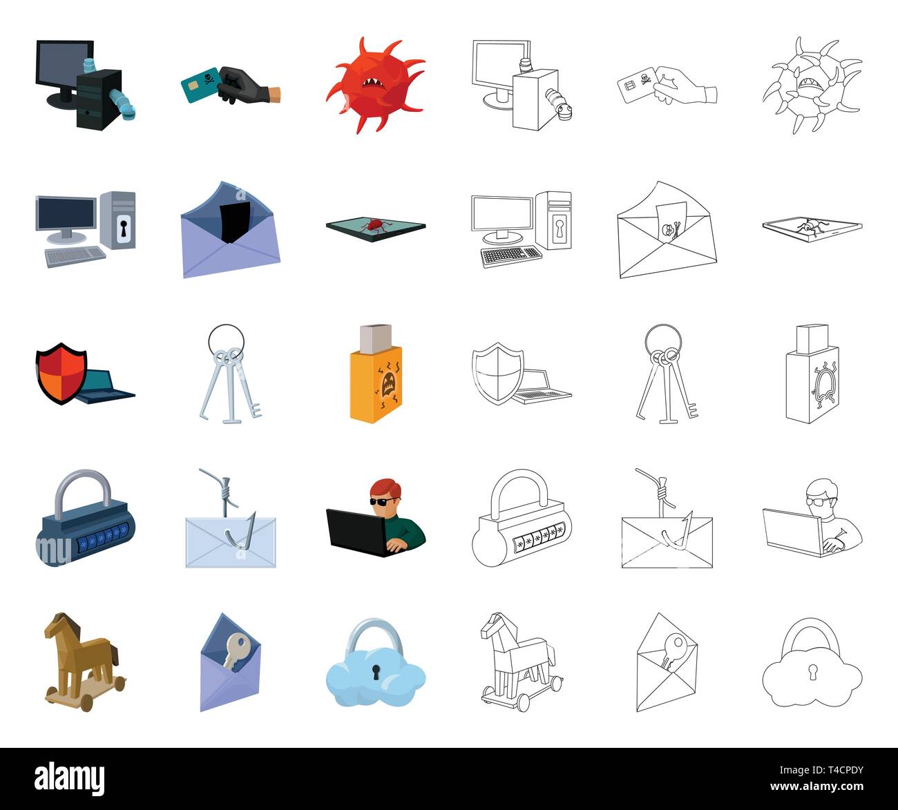 Hacker and hacking cartoon,outline icons in set collection for design. Hacker and equipment ...