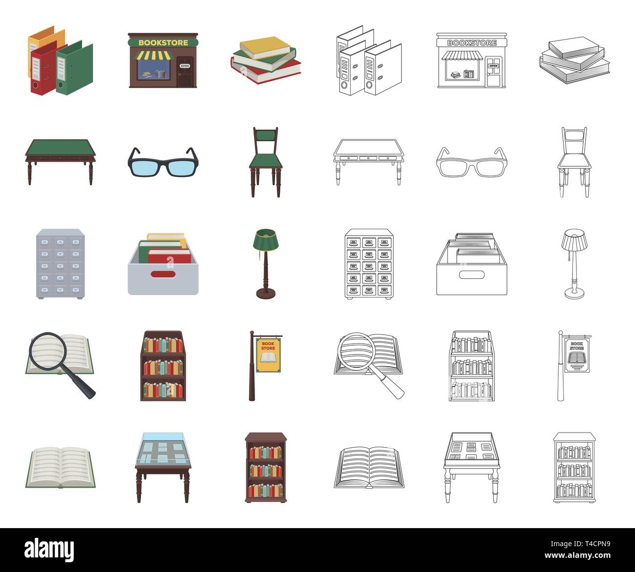 Library and bookstore cartoon,outline icons in set collection for ...