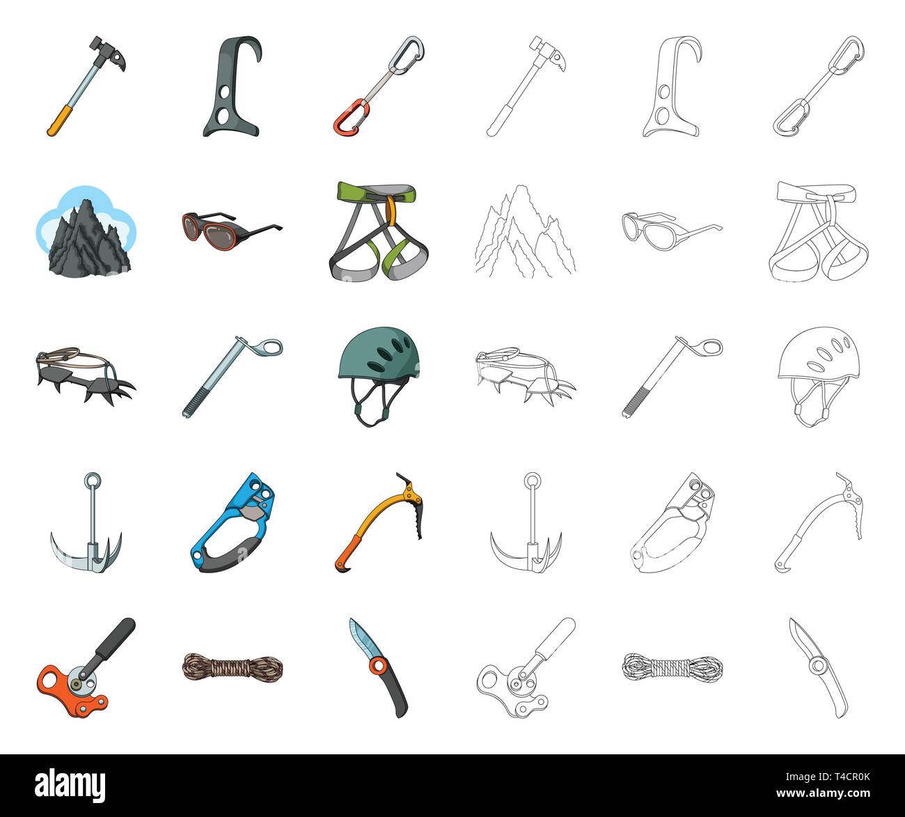 Mountaineering and climbing cartoon,outline icons in set collection for ...