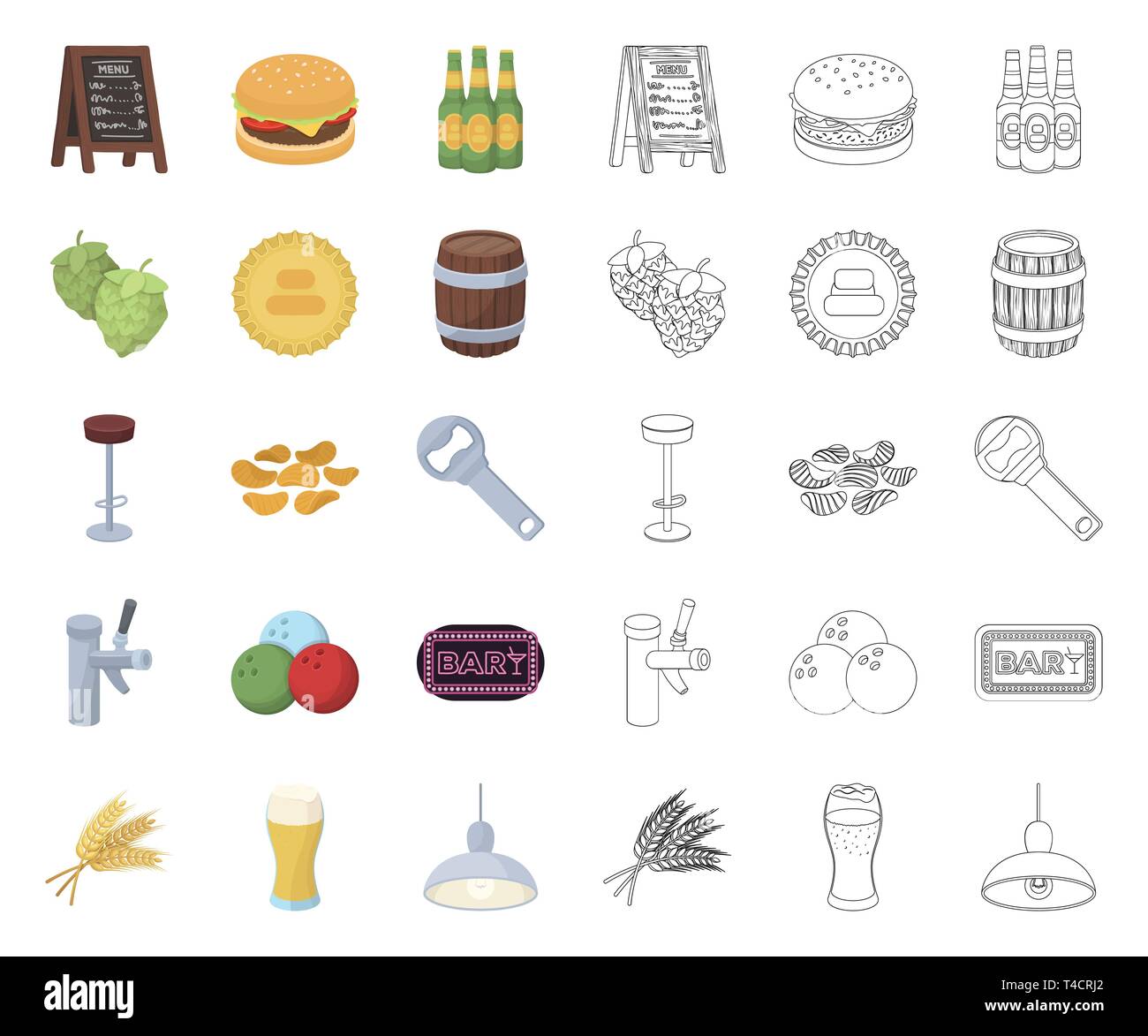 Pub, interior and equipment cartoon,outline icons in set collection for ...