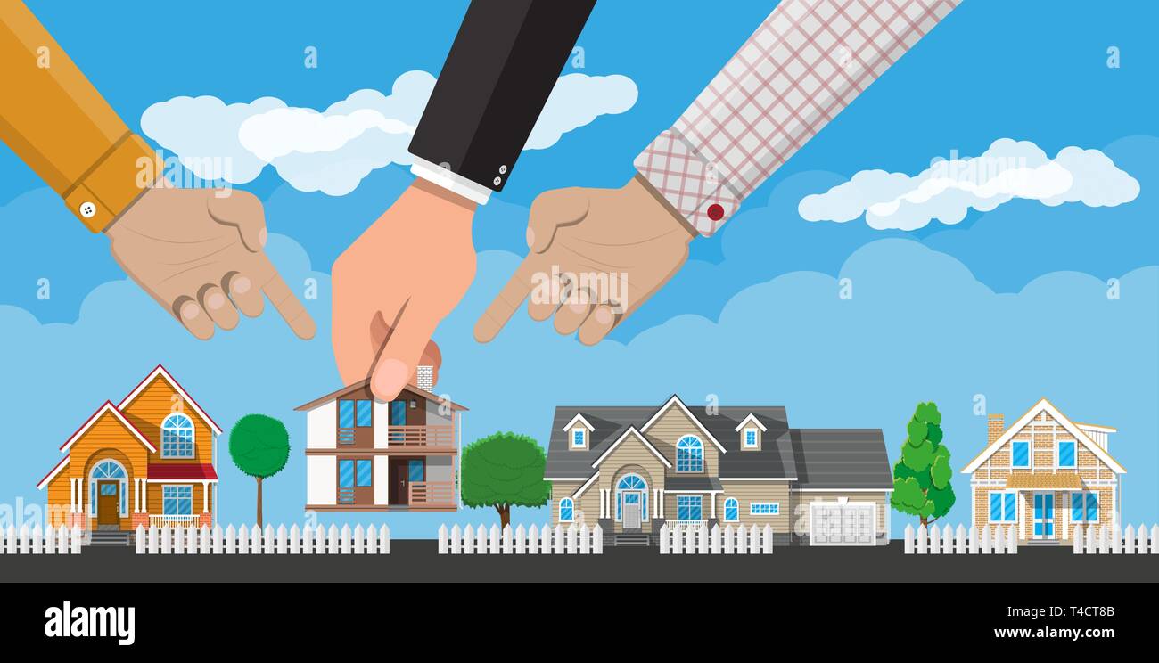 Hand picks a house. Suburban village, trees, road, sky and clouds. Real ...