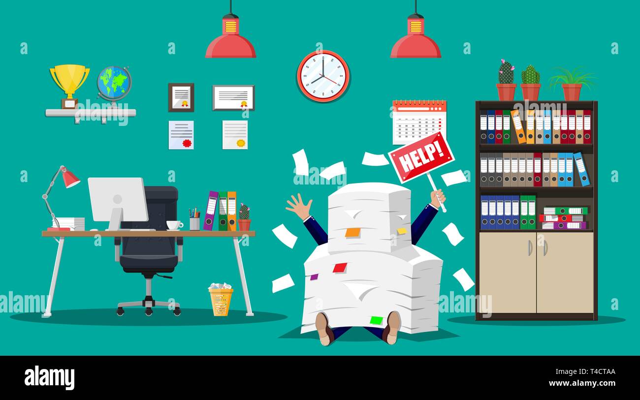 Stressed businessman under pile of office papers and documents. Office ...