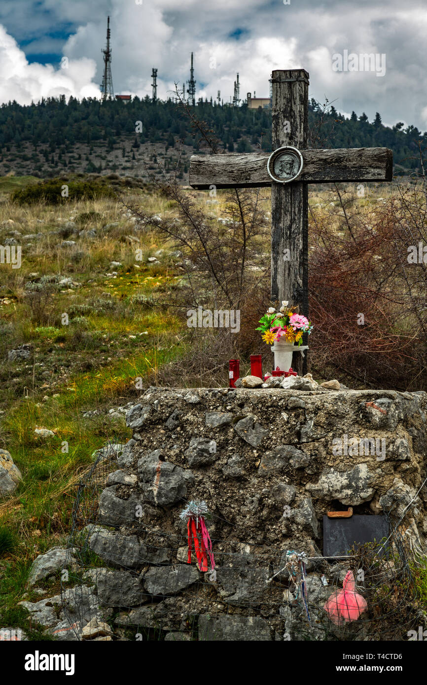 wooden crucifix and television antennas. Prezza, Abruzzo Stock Photo ...