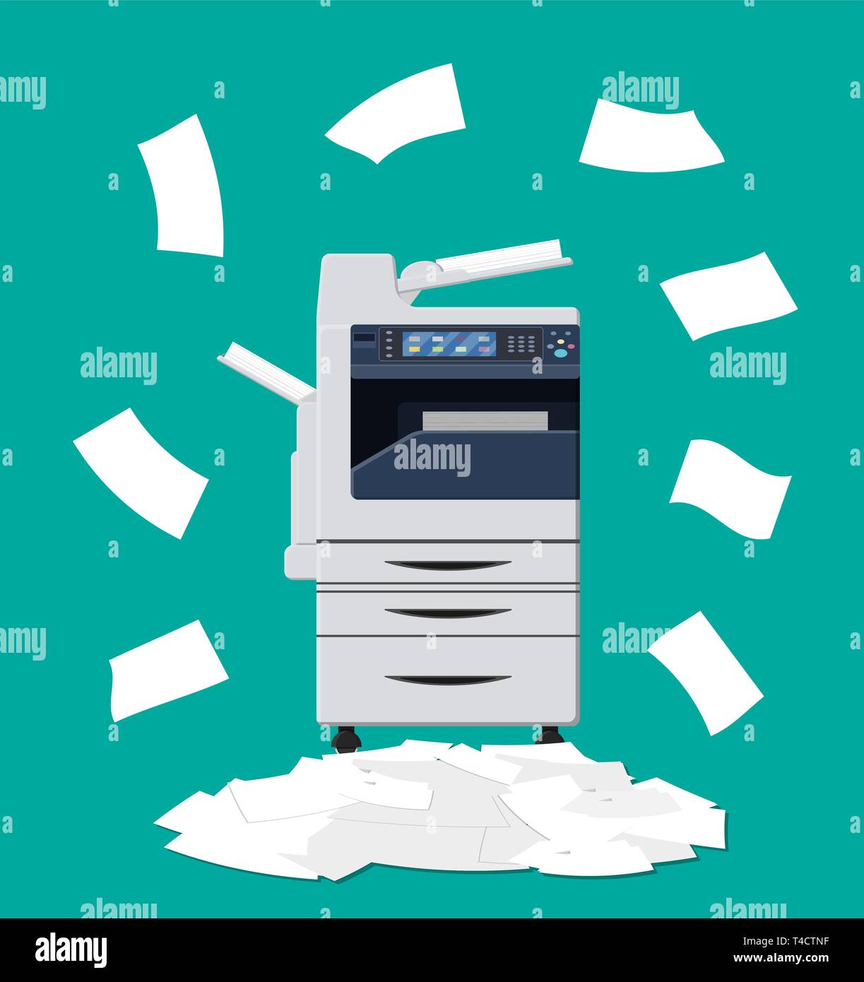 Office multifunction machine. Pile of paper documents. Bureaucracy ...