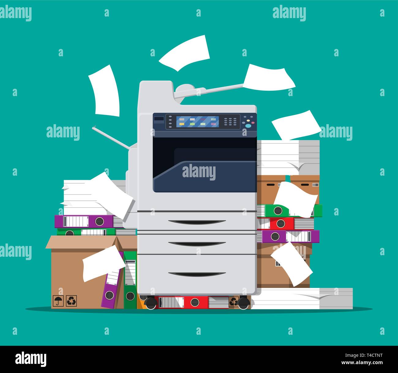 Office multifunction machine. Pile of paper documents, boxes and ...
