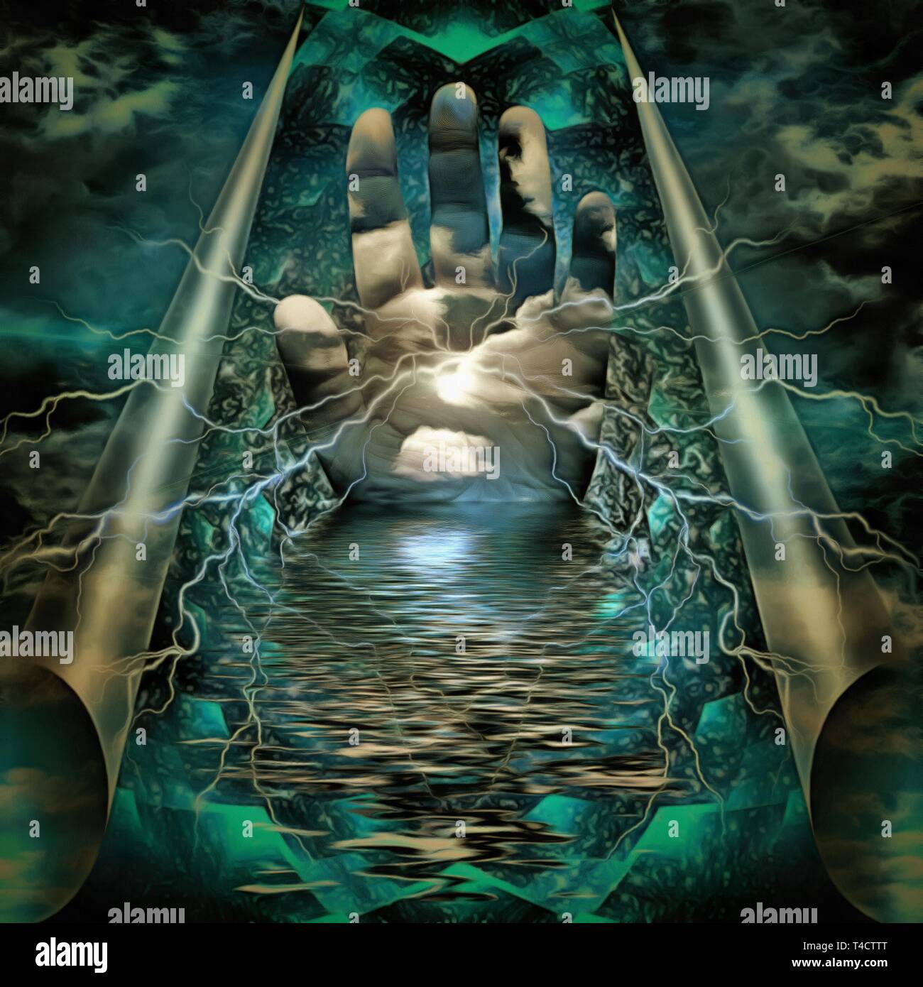 Surreal painting. Hand with lightnings Stock Photo - Alamy