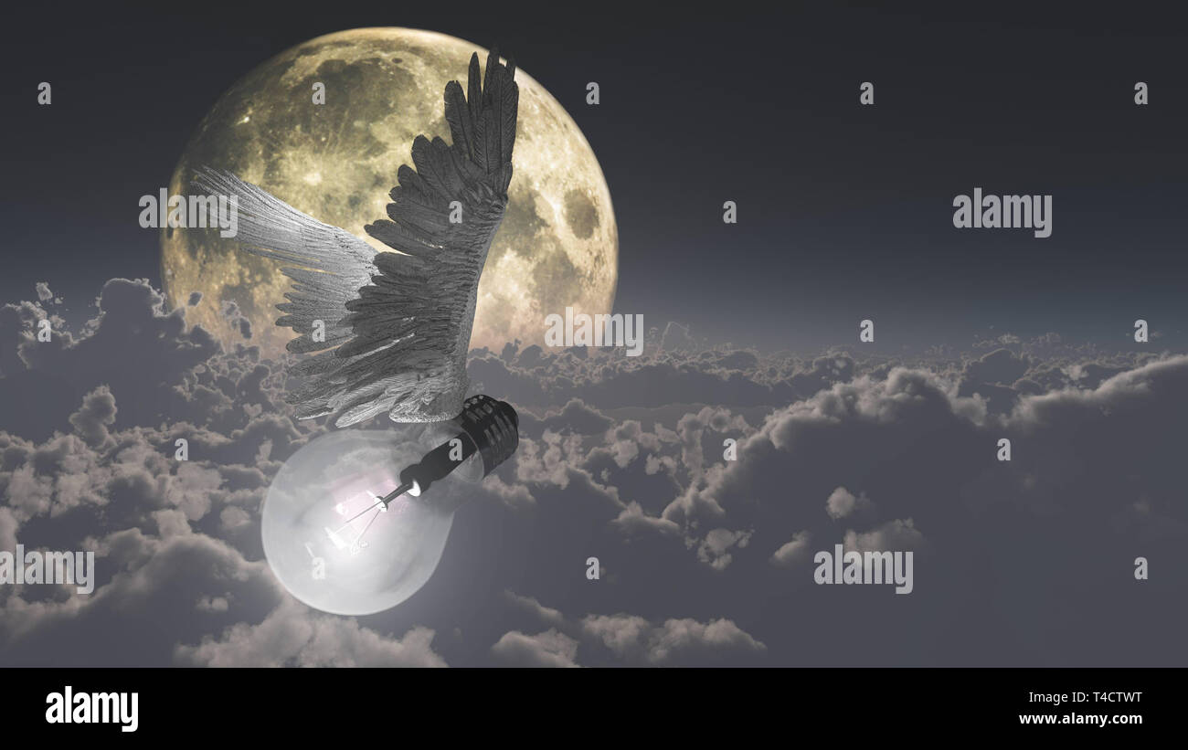 Flying idea. Winged light bulb in cloudy sky. Super moon at the horizon ...