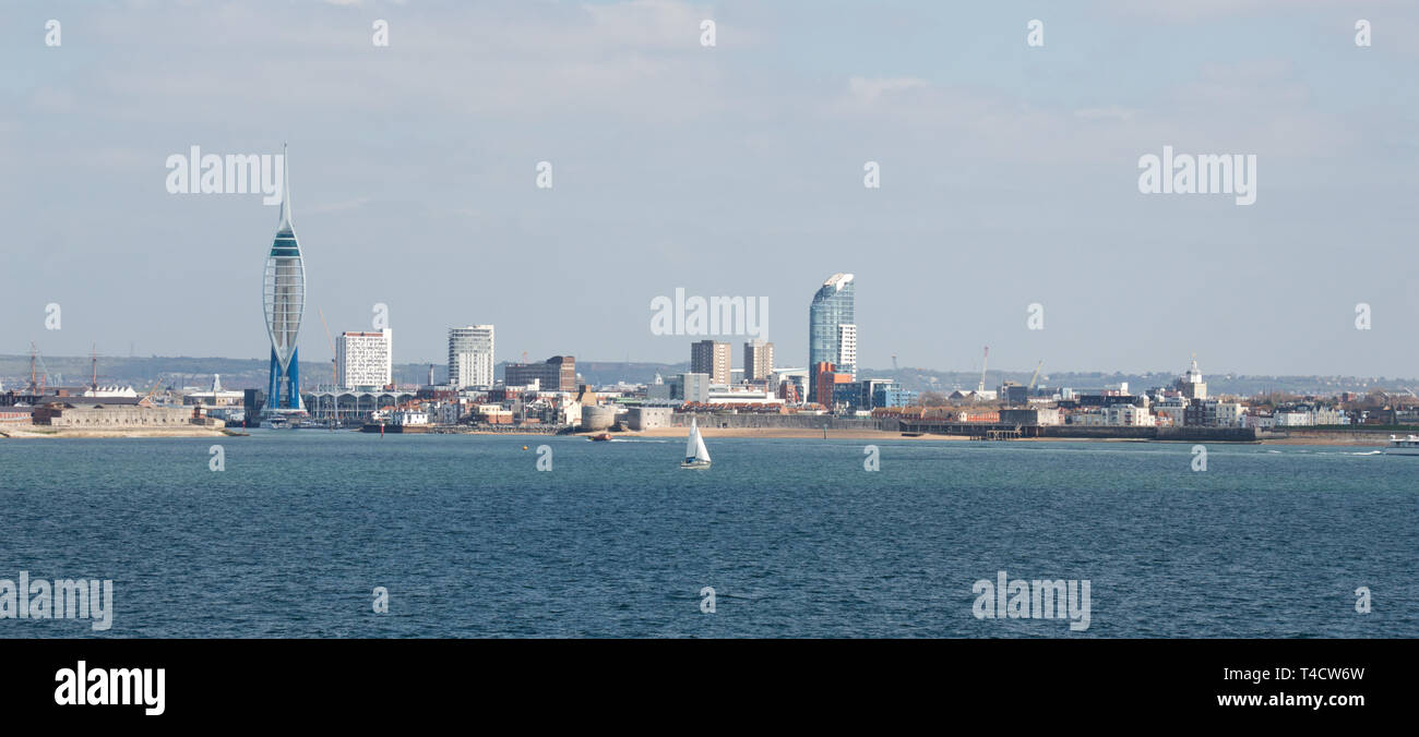 View of Portsmouth Spinnaker tower and coast from the ferry on south ...