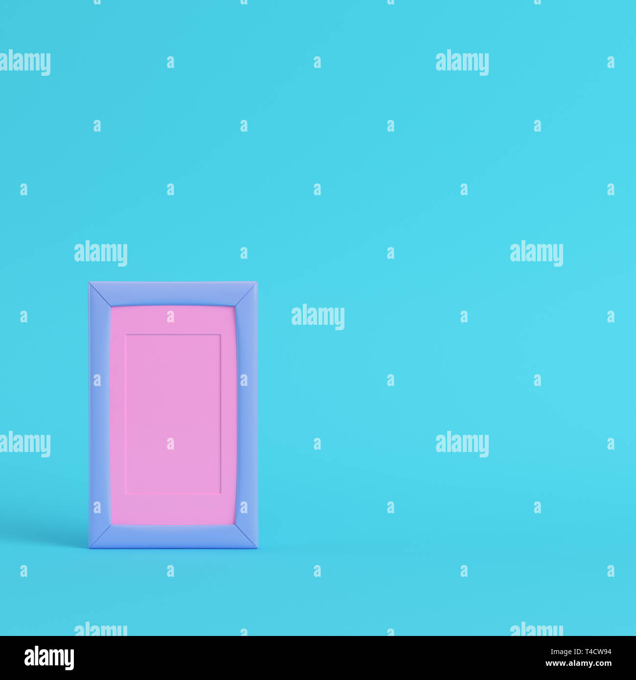 Pink blank frame on bright blue background in pastel colors. Minimalism ...