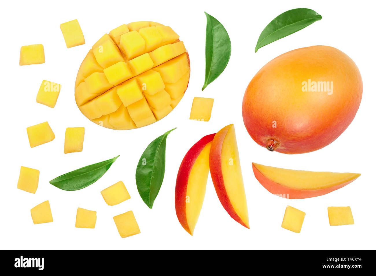 Mango fruit half with slices isolated on white background. Set or ...