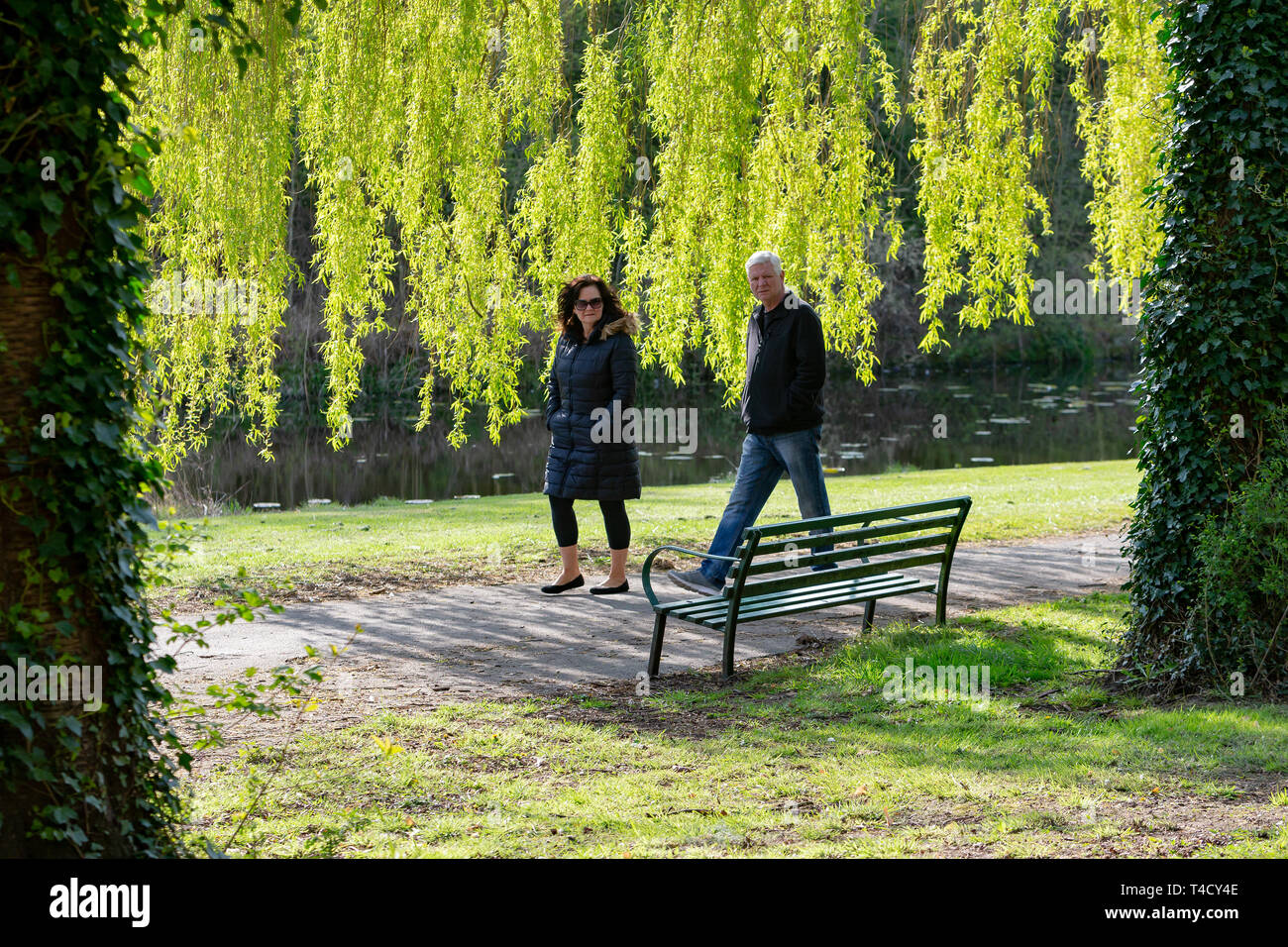 Two people walk along a path under a weeping willow tree in Sankey ...