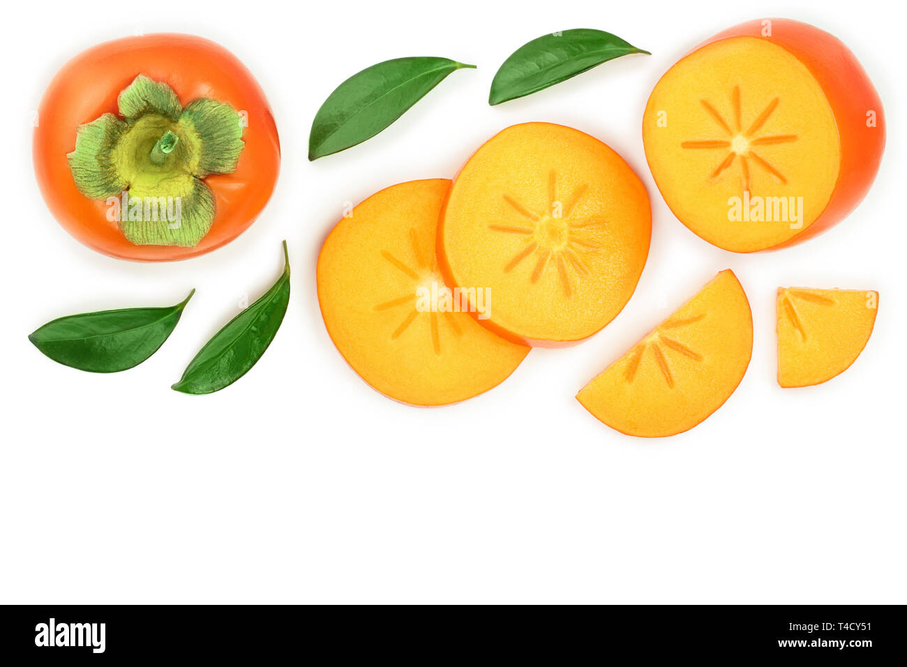 persimmon slice with leaves isolated on white background with copy ...