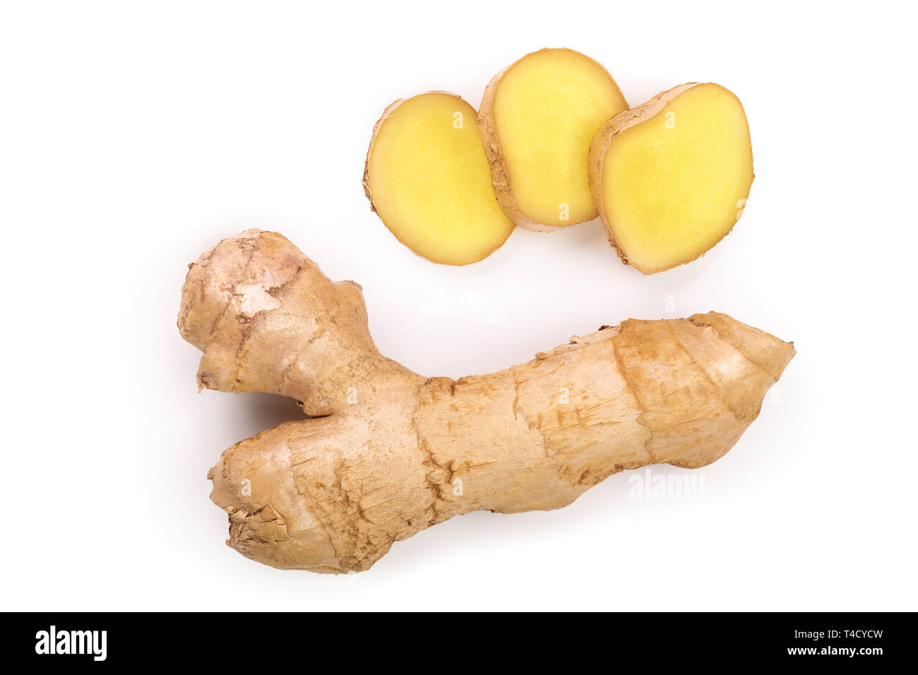 fresh Ginger root and slice isolated on white background. Top view ...