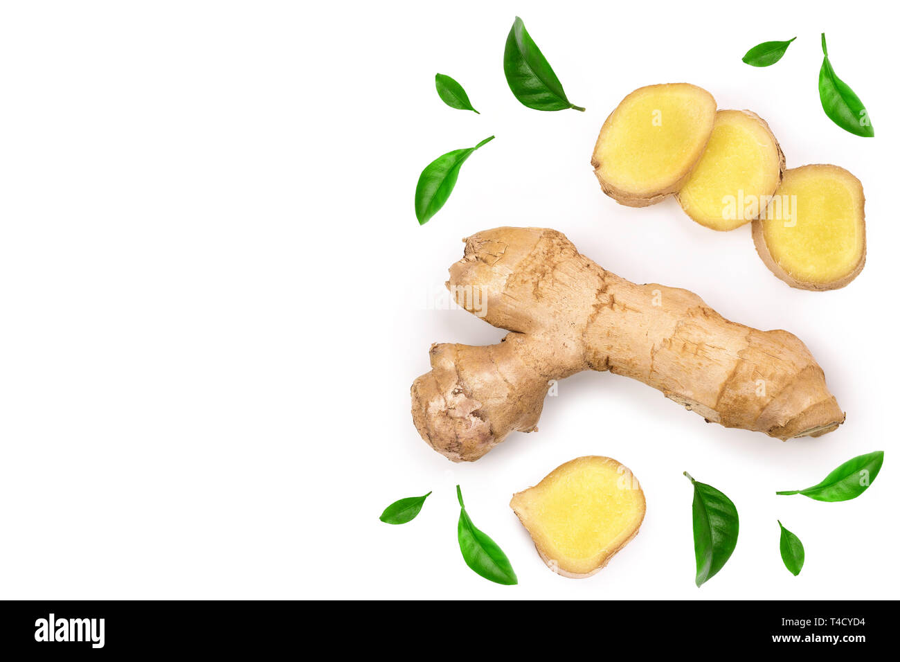 fresh Ginger root and slice isolated on white background with copy ...