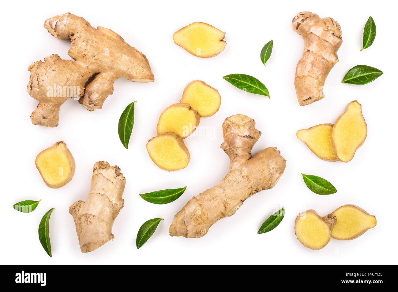 fresh Ginger root and slice isolated on white background. Top view ...